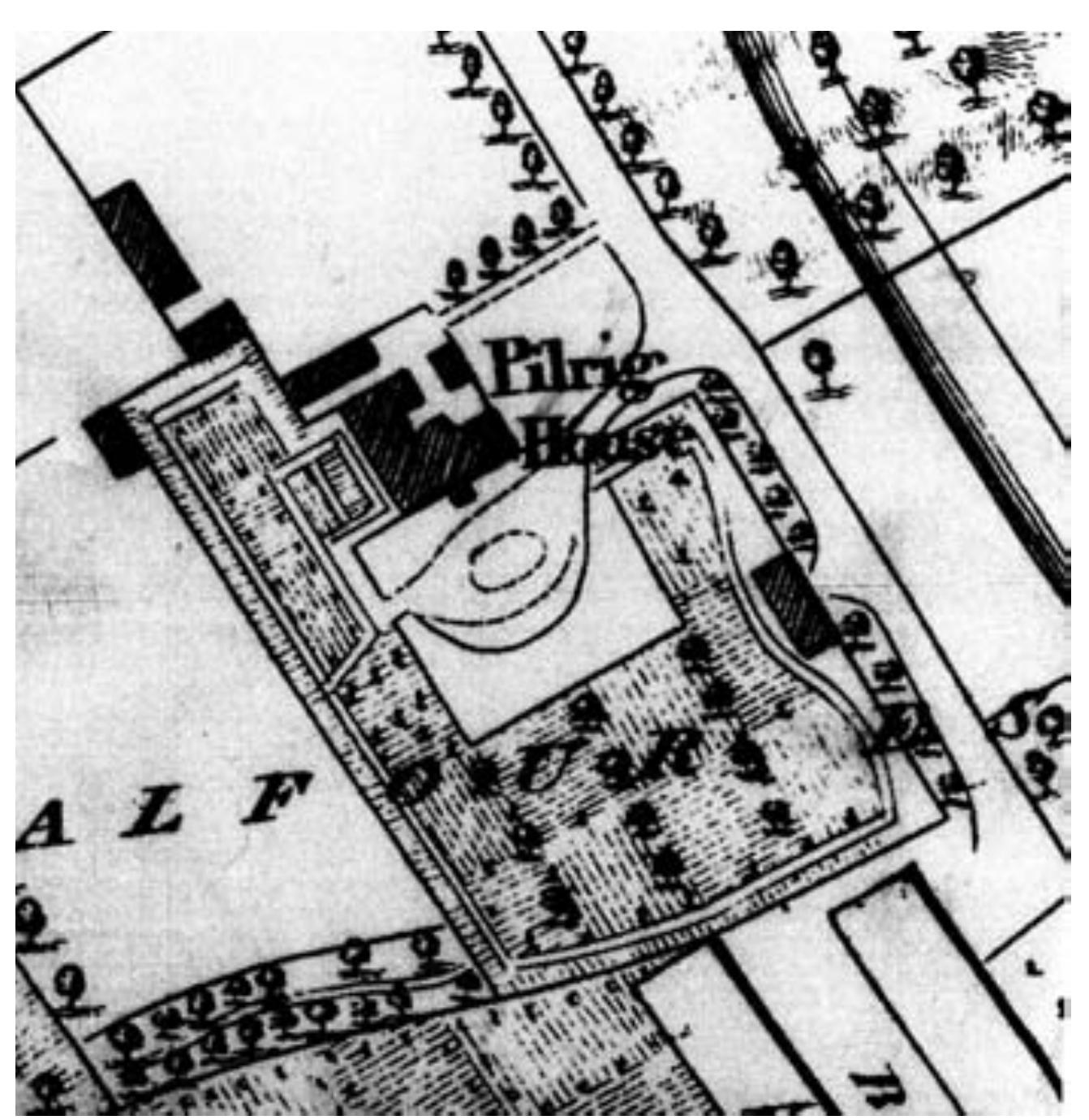 1817 map showing pilrig house and gardens, building in