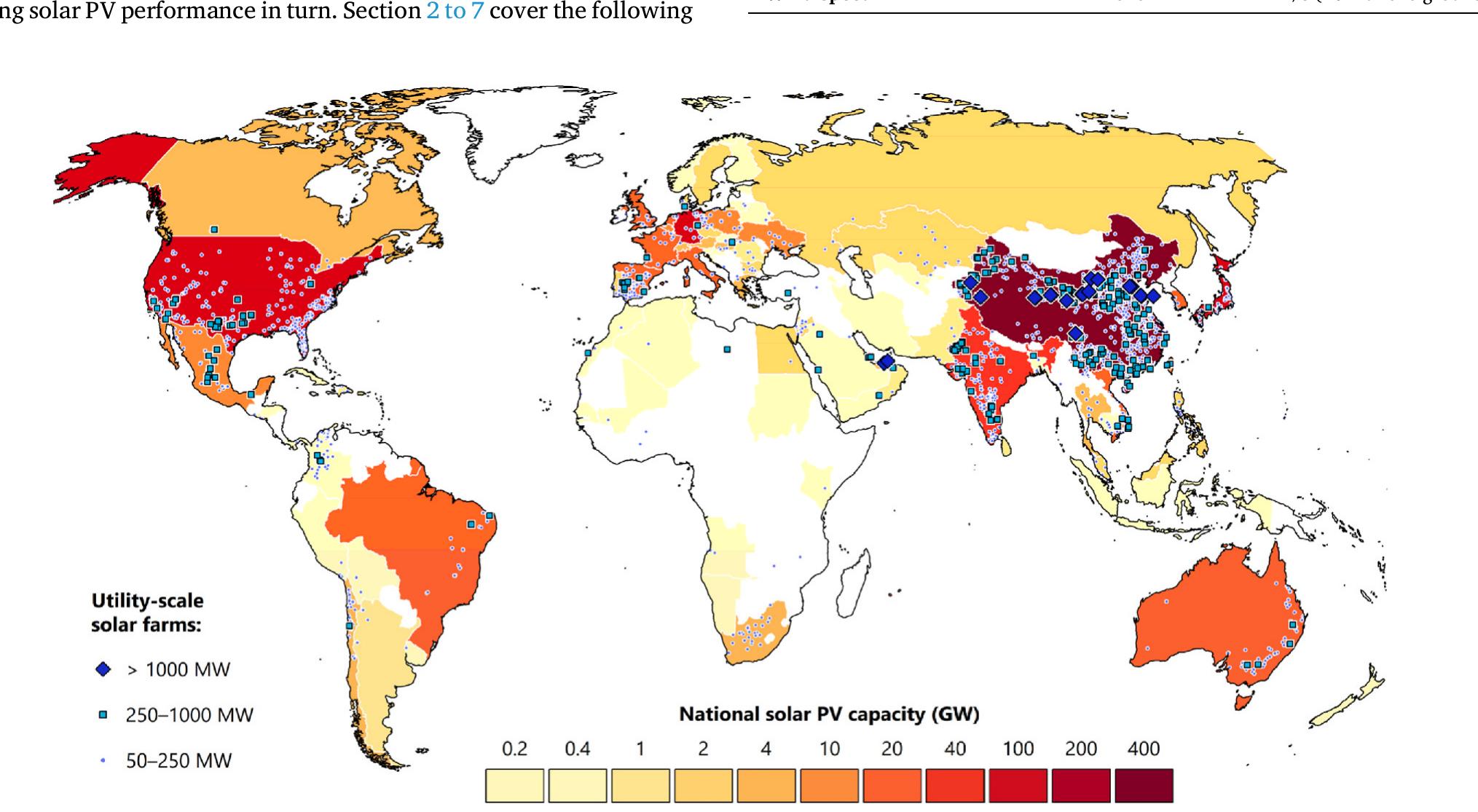 Global installed solar power capacity, with the locations of