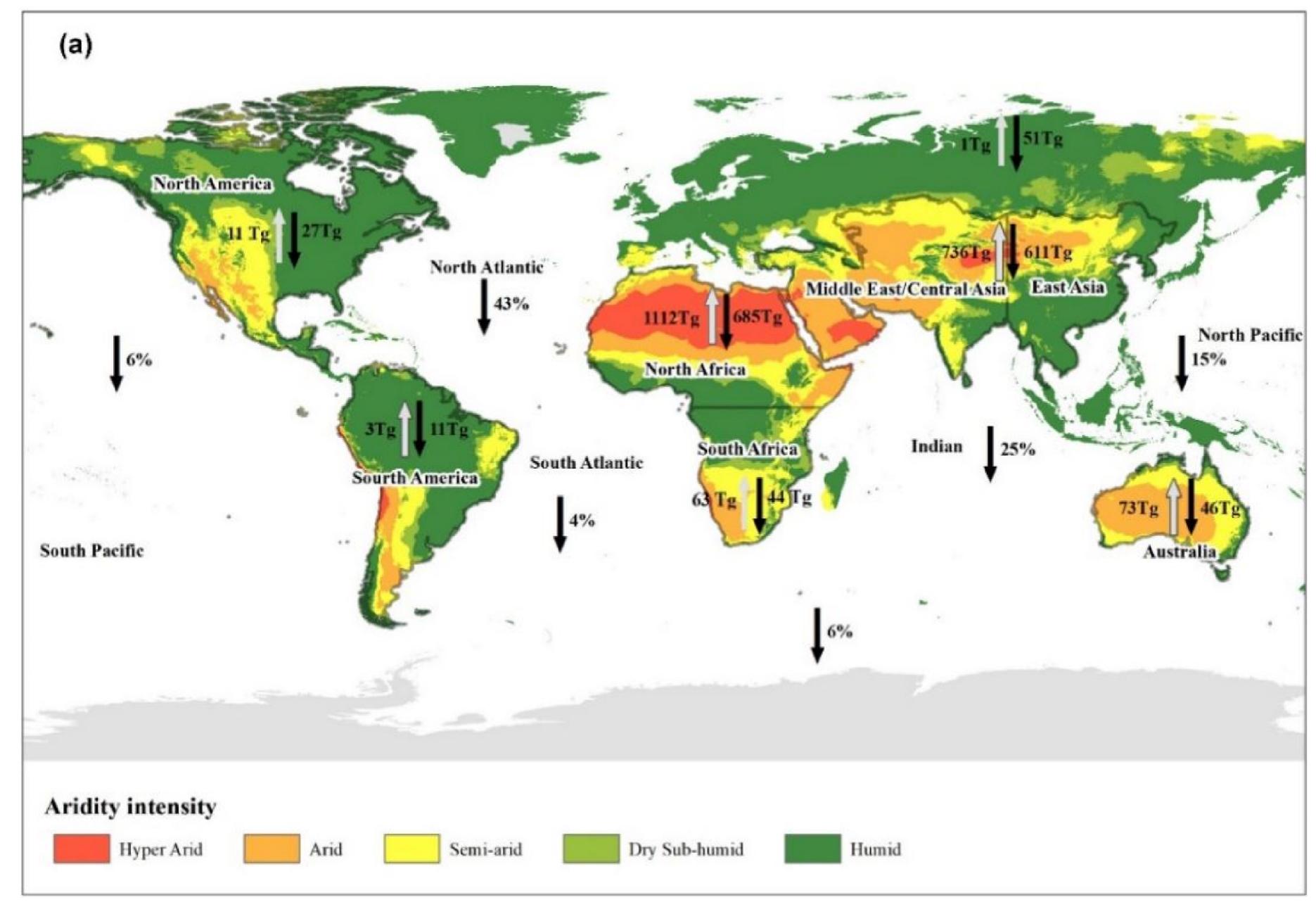 Global map of dust emissions and deposition. grey and black