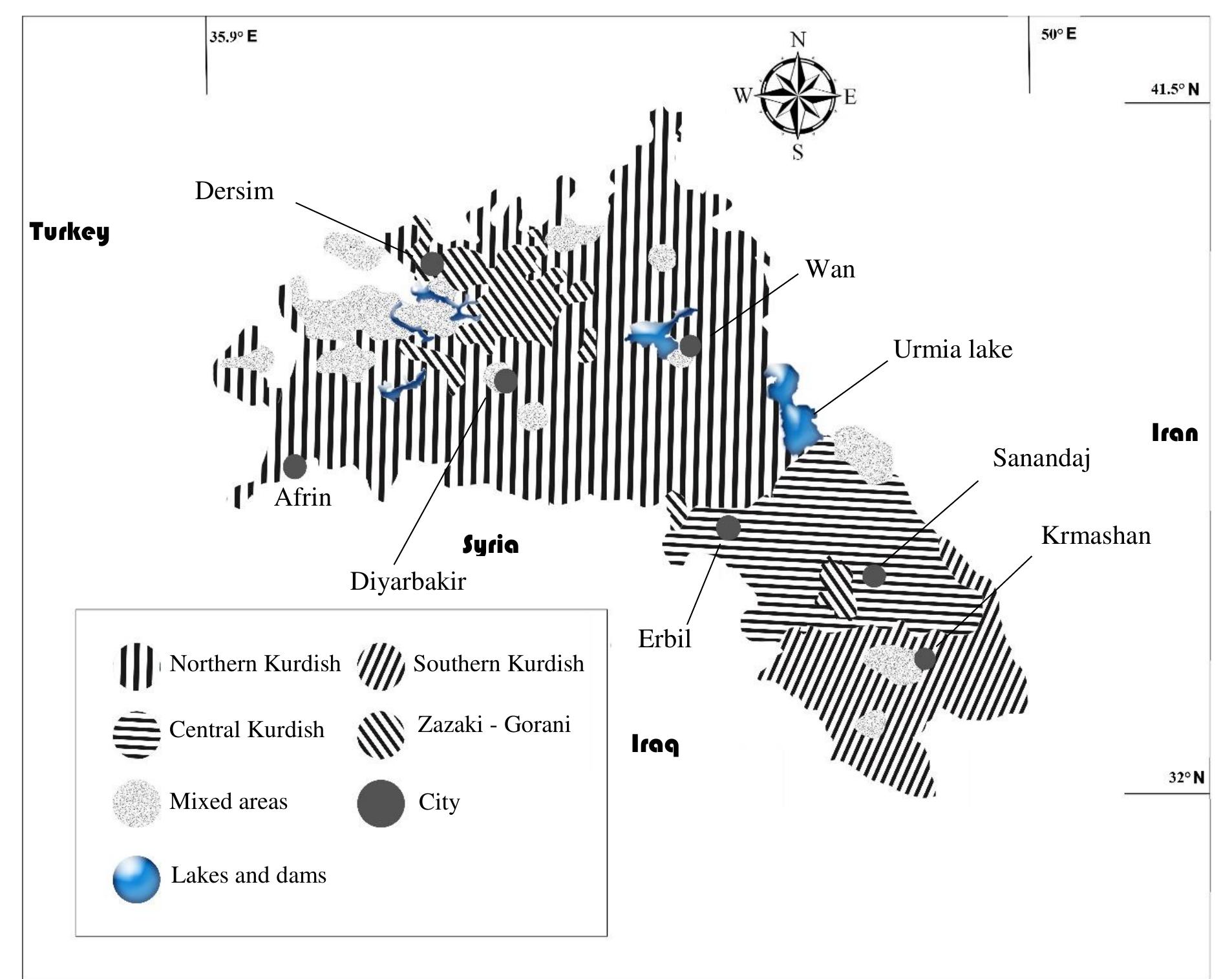 Map: kurdish dialect division in kurdistan. our results show