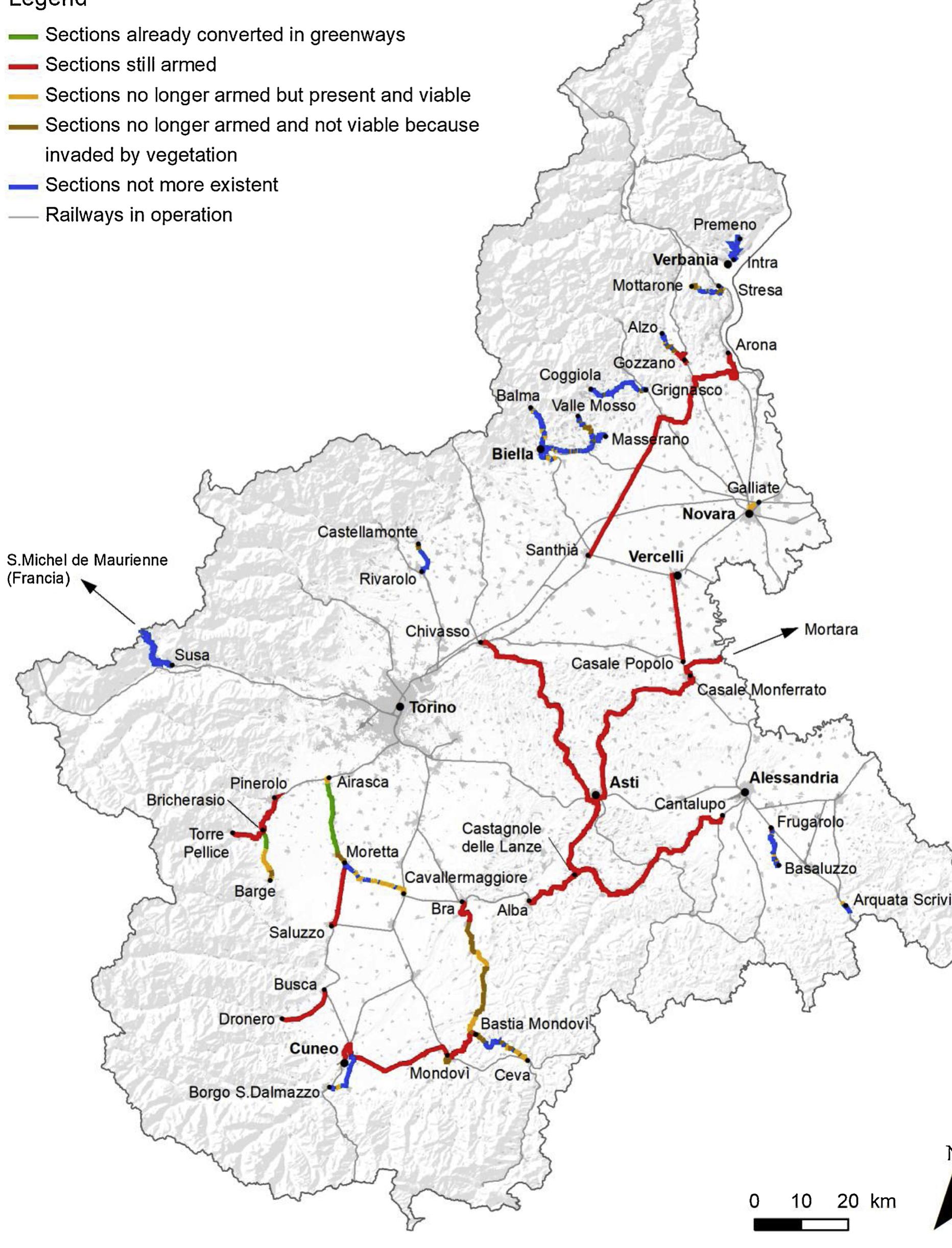Disused railway lines and stretches of the piedmont region.