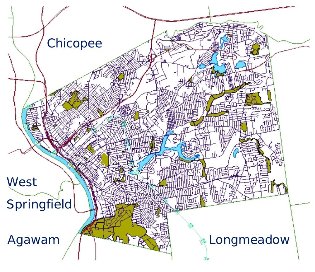 Regional map showing neighboring towns of the city