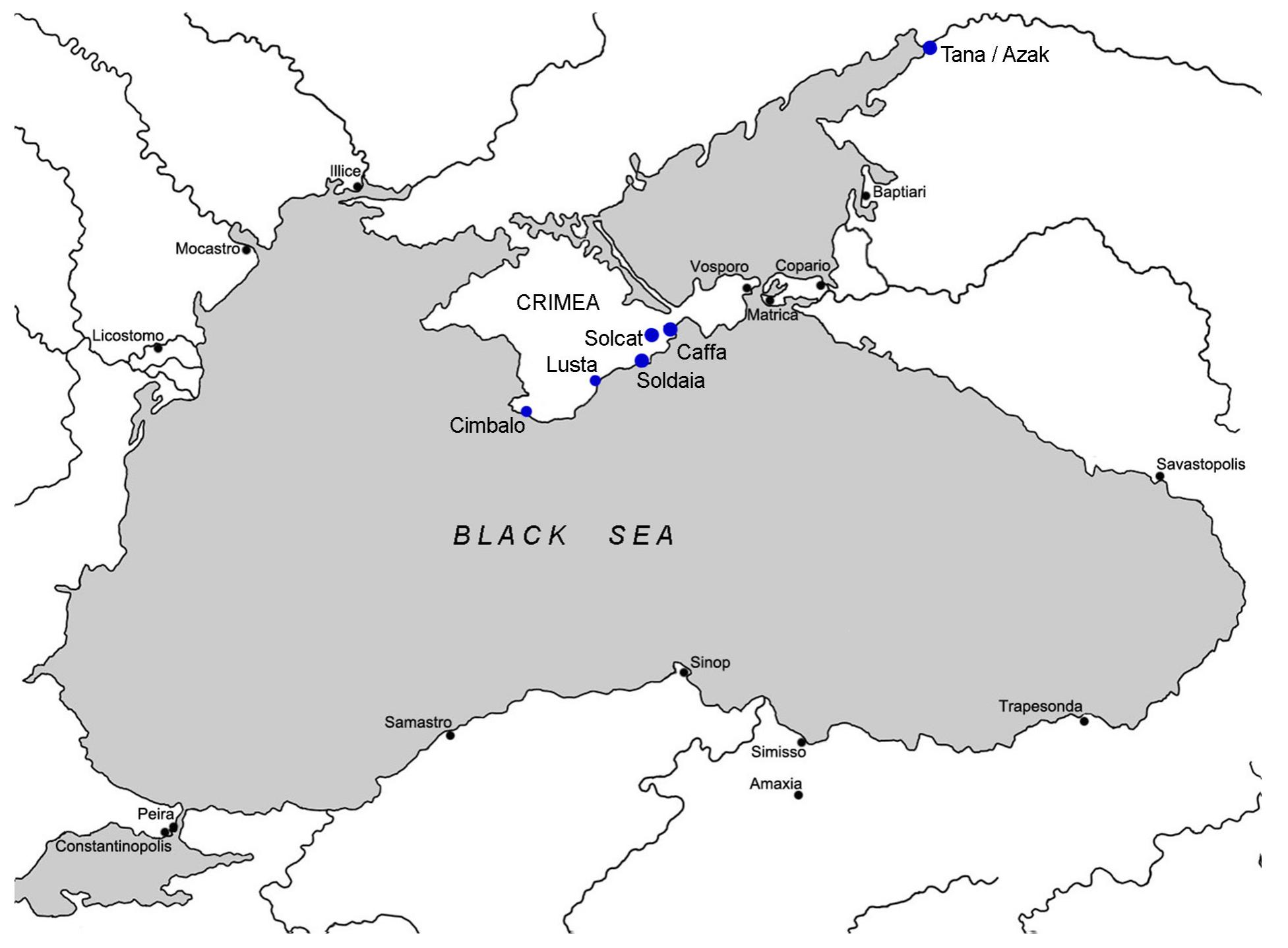 Map of the black sea basin with the names of settlements