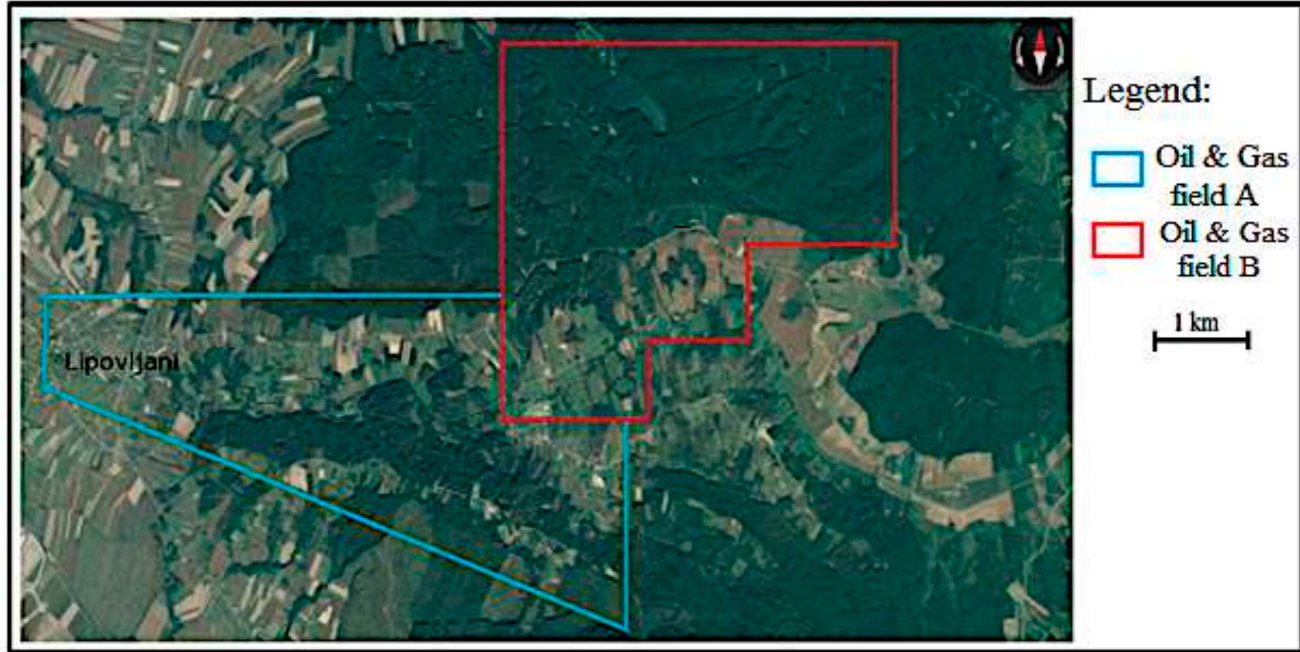Satellite maps of the fields “a” and “b” (taken from