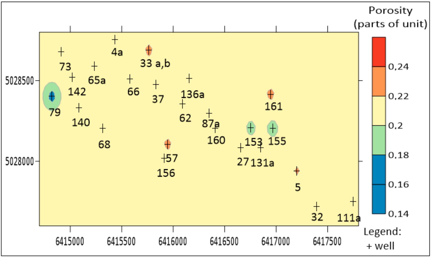 Porosity map for reservoir “l” interpolated by ordinary