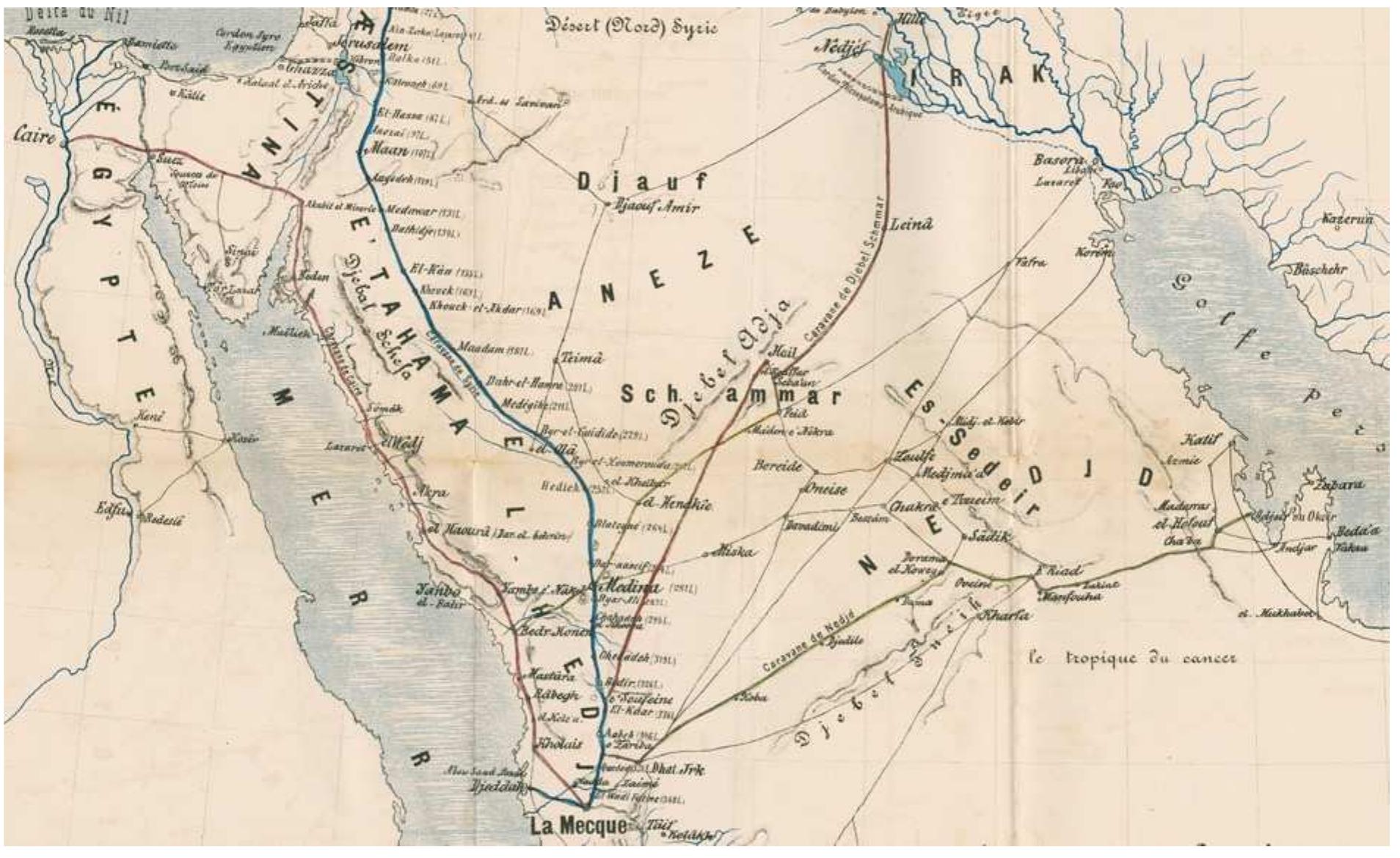 Detail from a map of hajj routes to makkah published in