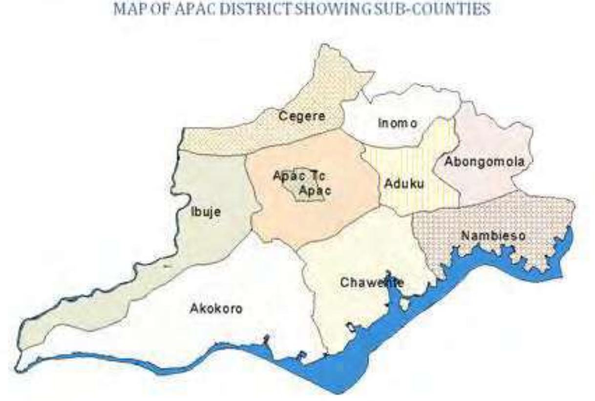 Map of apac district showing the location of sub-counties