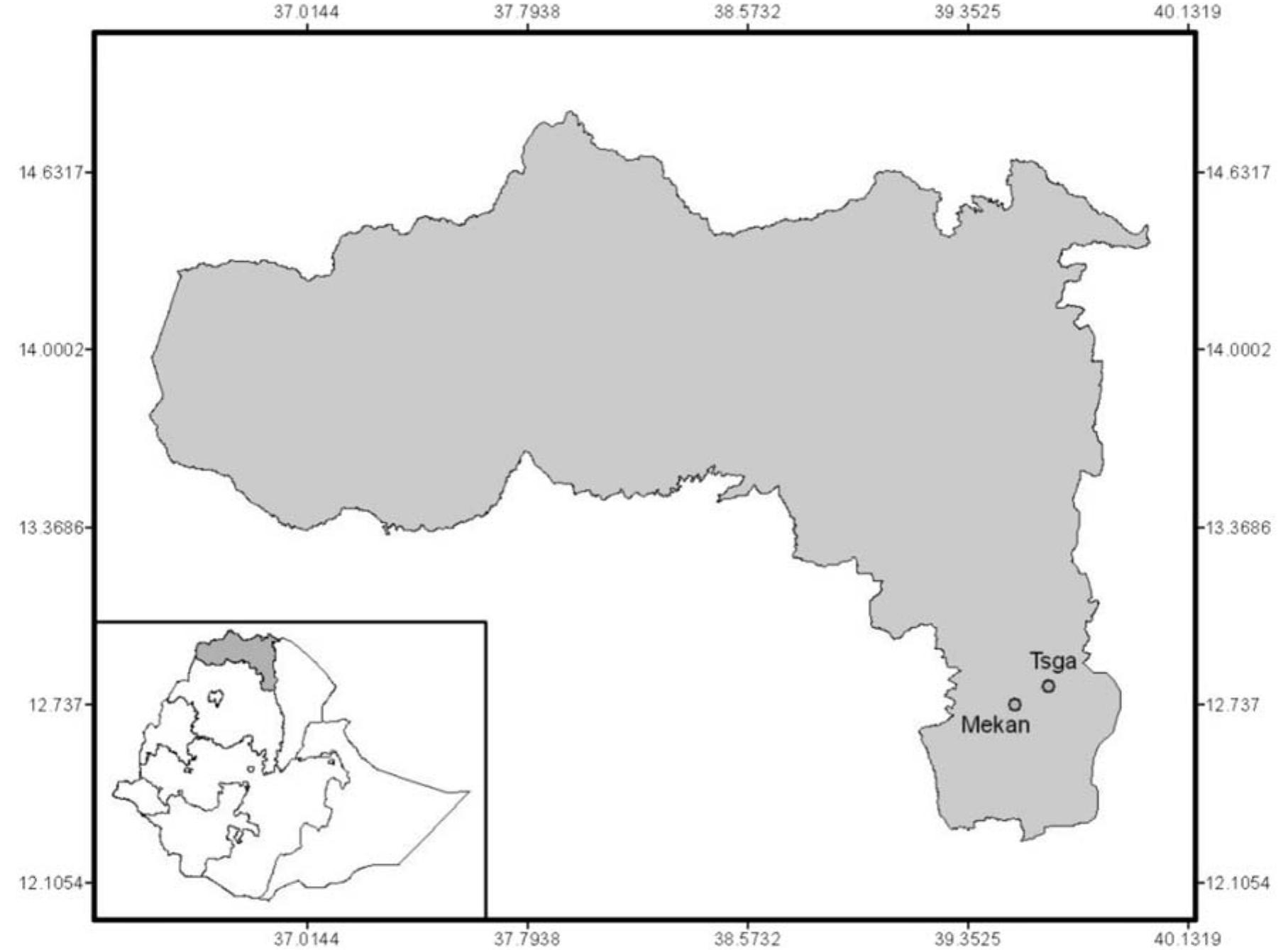 Map of tigray region and the villages in ethiopia used for