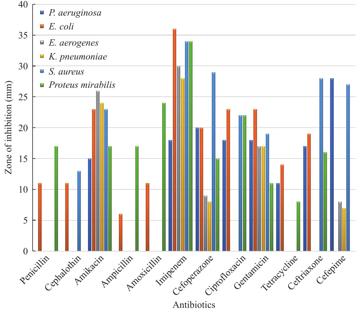 Zones of inhibition of six different uro-pathogens against