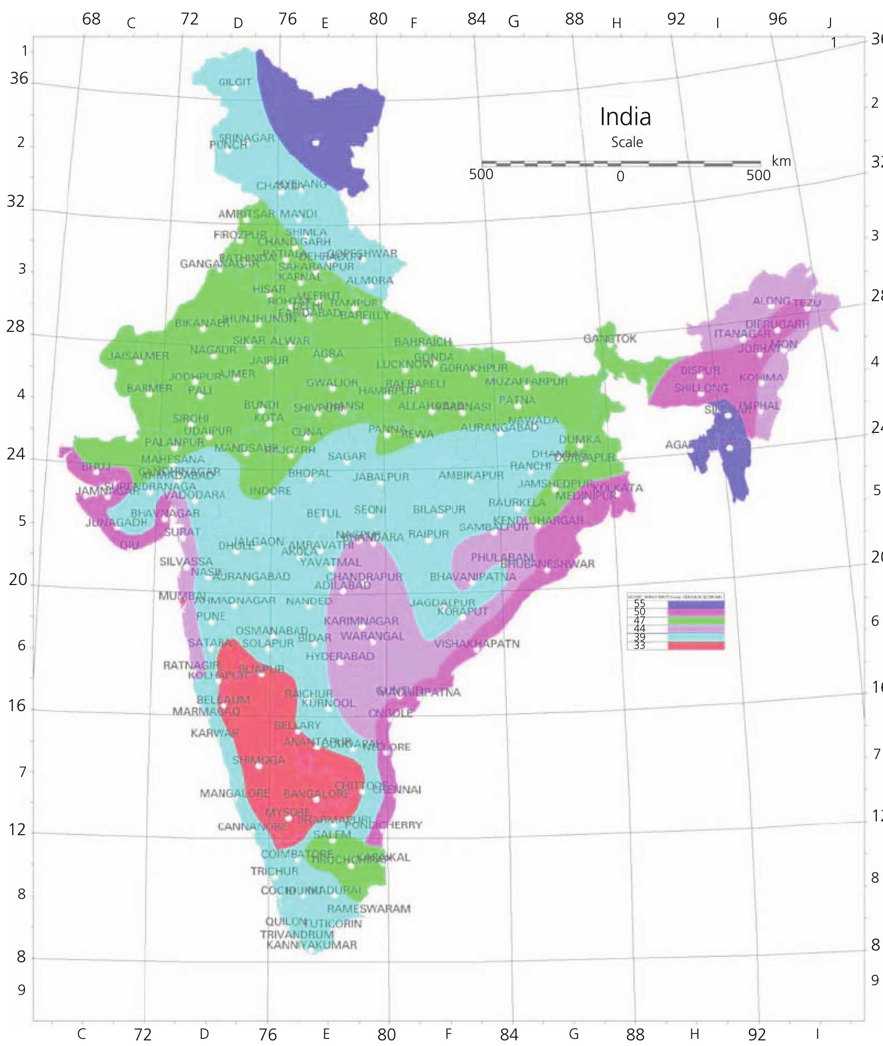 Basic wind speed map of india in metres/second (based on a