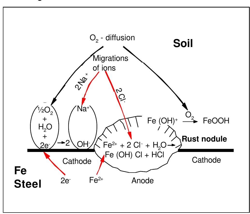 Corrosion cell with anode and cathode on heterogeneous steel