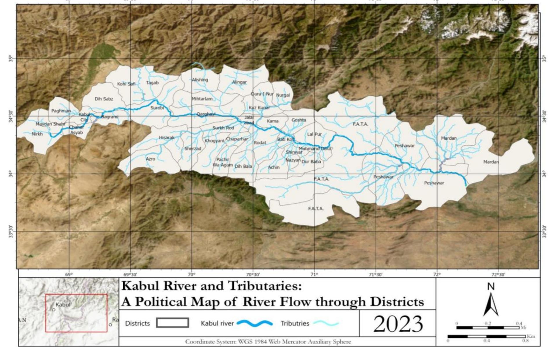 The map illustrates the kabul river’s flow and its