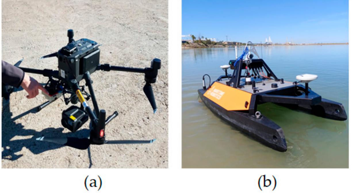 (a) dji matrice 300 rtk uas; (b) maritime robotics otter pro