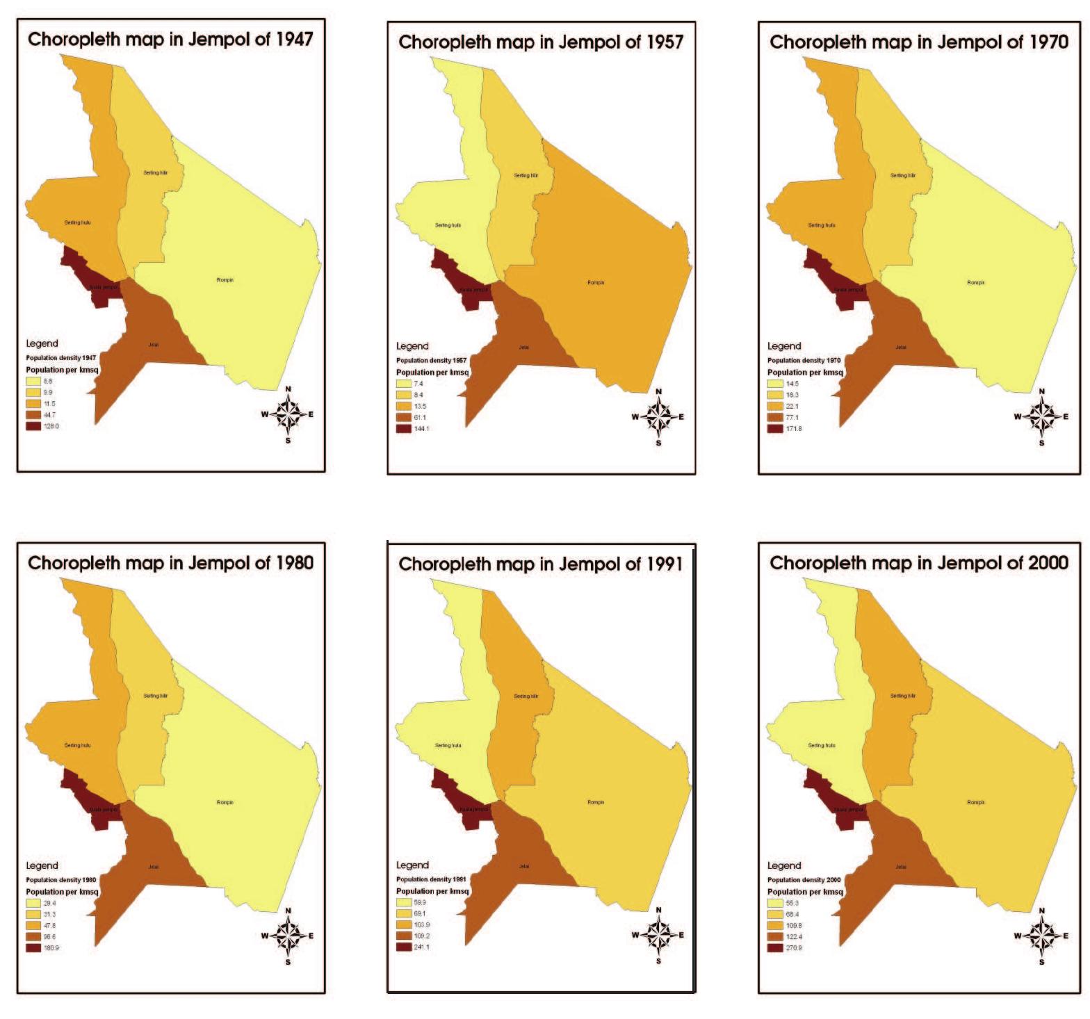 The choropleth maps of population density, 1947 — 2000 mohd.