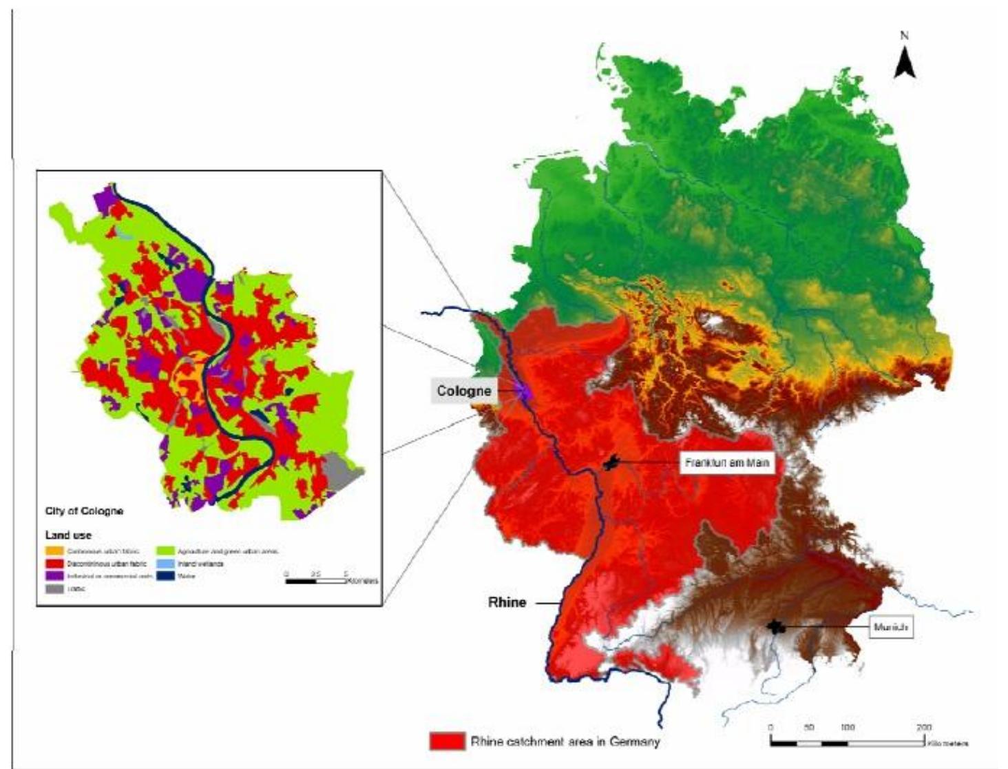 -1 map of the river rhine, its catchment and location of