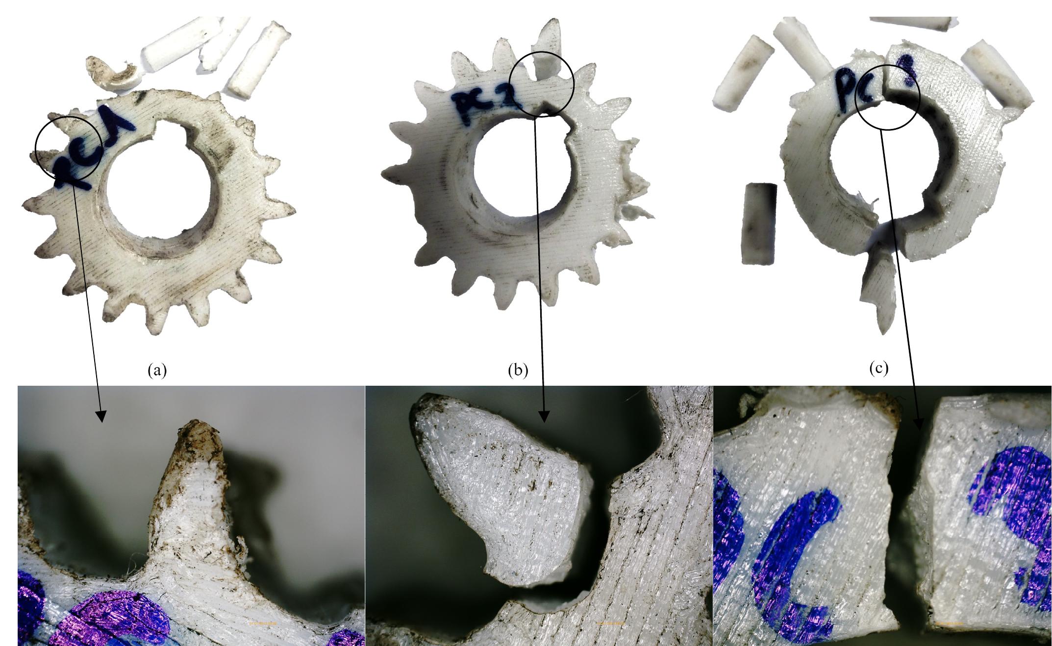 The failure mechanism of pc gear samples: (a) first gear