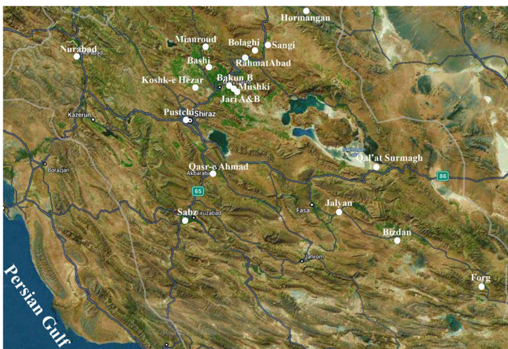 Map of the south iran showing the location of tol-e sangi