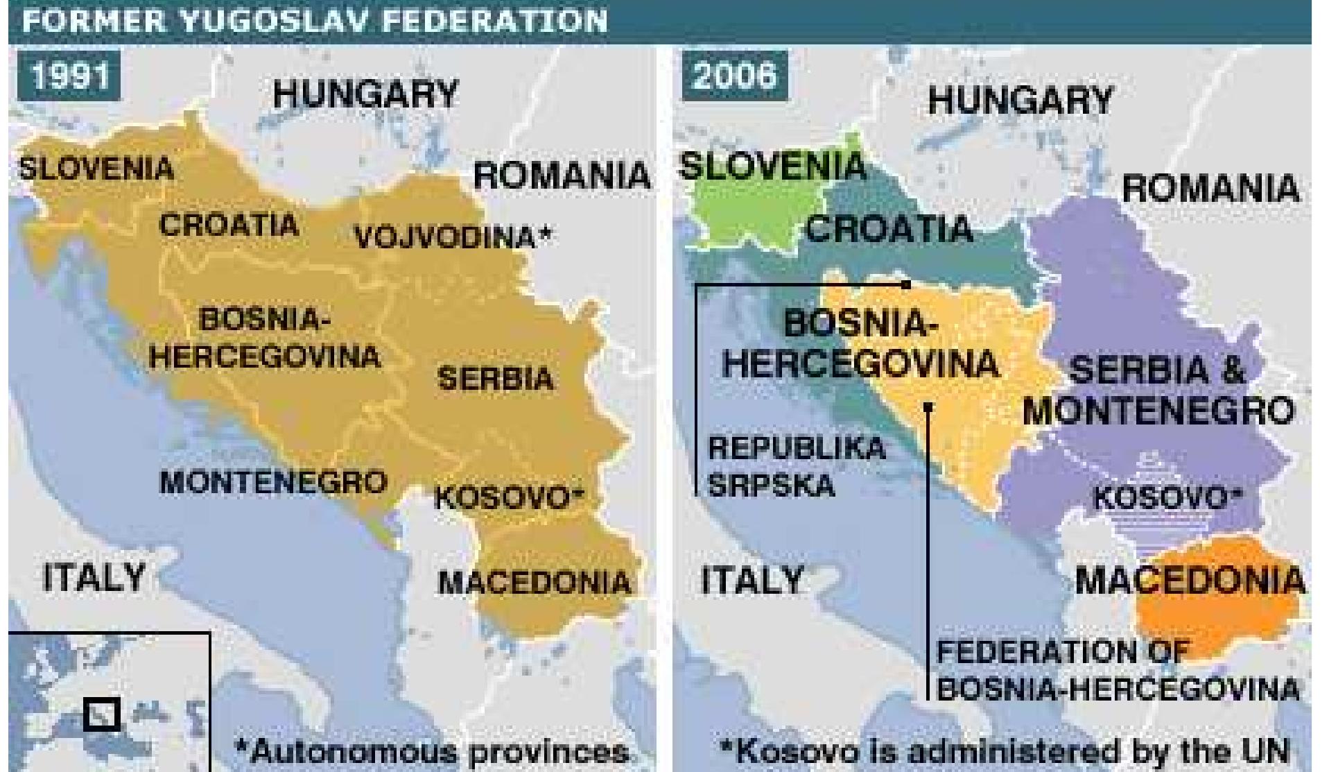 Map of the yugoslav federation in 1991 and the borders of