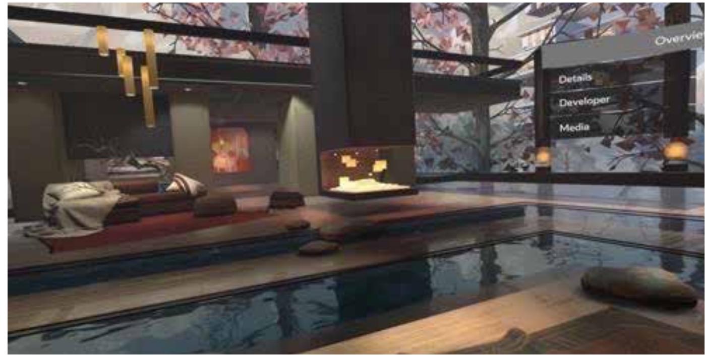 The elements visible in the oculus lobby hub. lounging,
