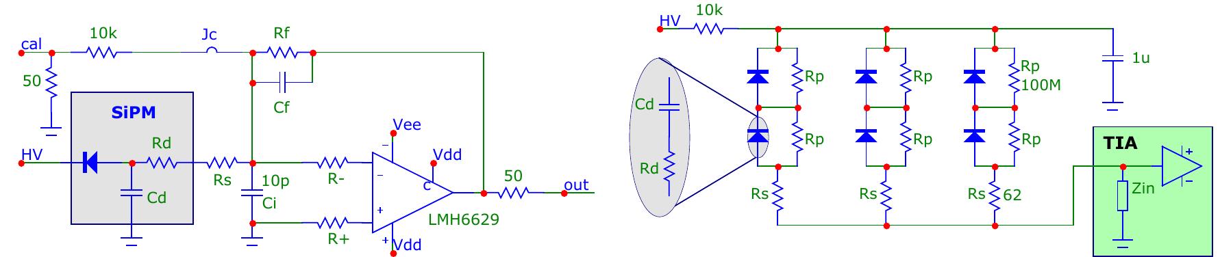 Left: schematic of the transimpedance amplifier circuit