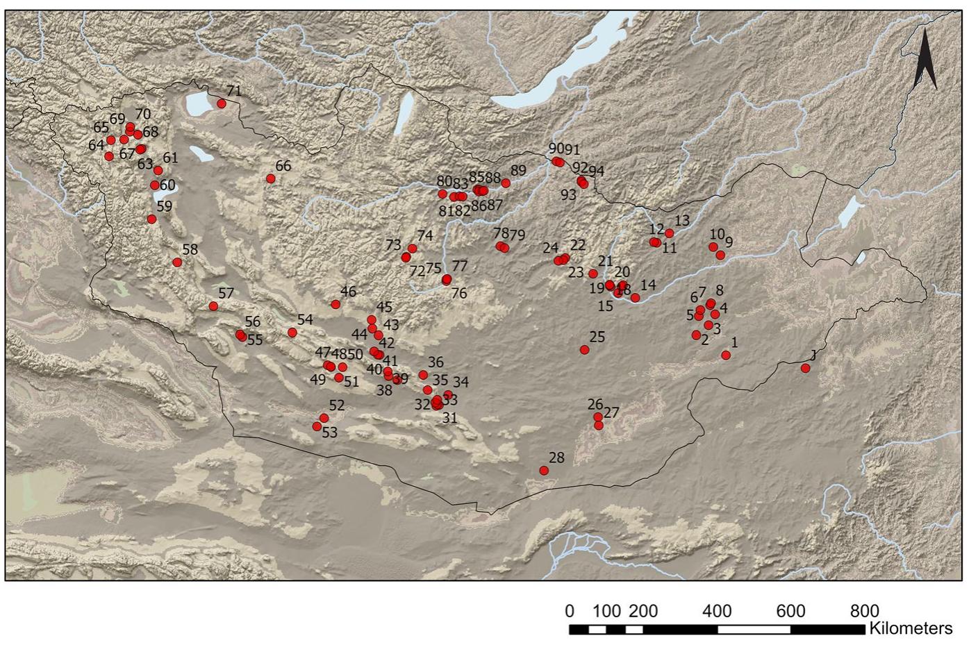Map of mongolian and related upper palaeolithic sites: j,
