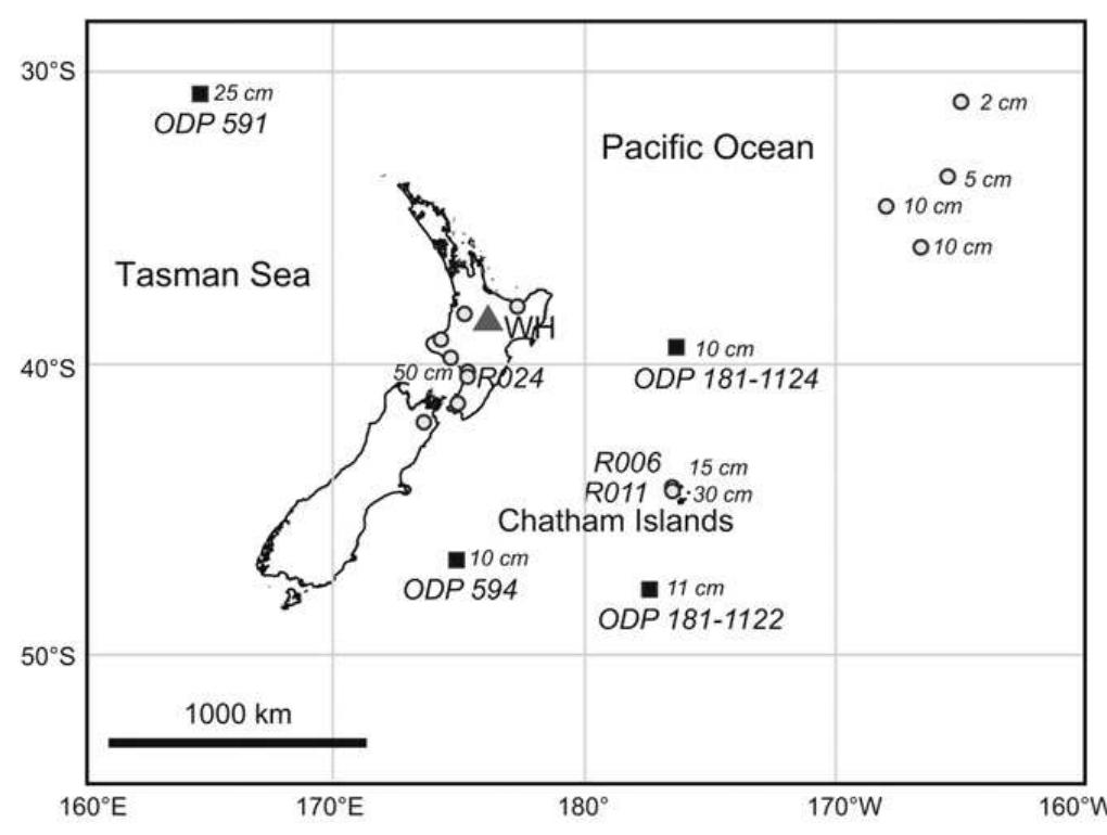 Map of new zealand showing locations and thicknesses of