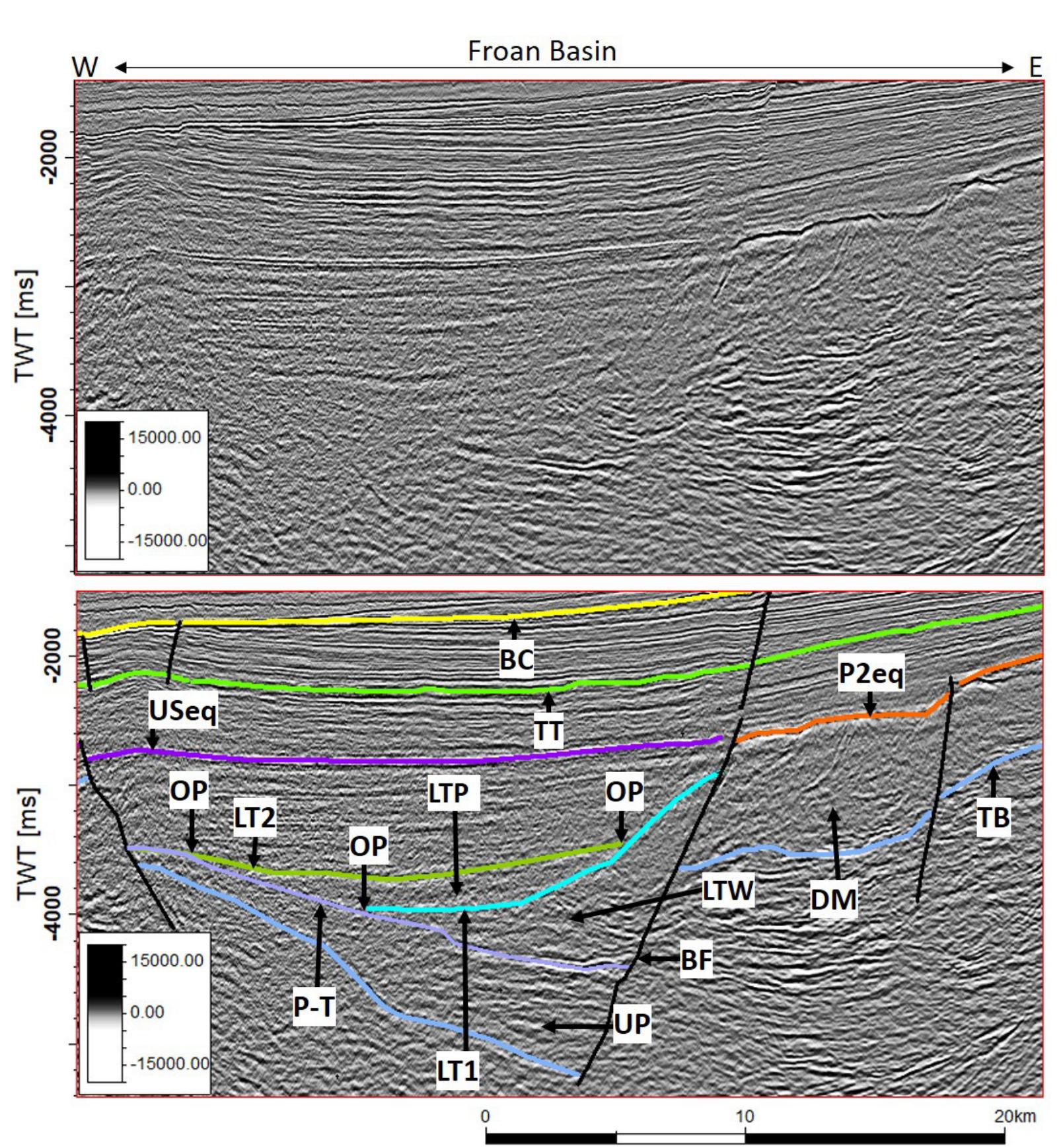 Uninterpreted and interpreted seismic line mnro7-7118