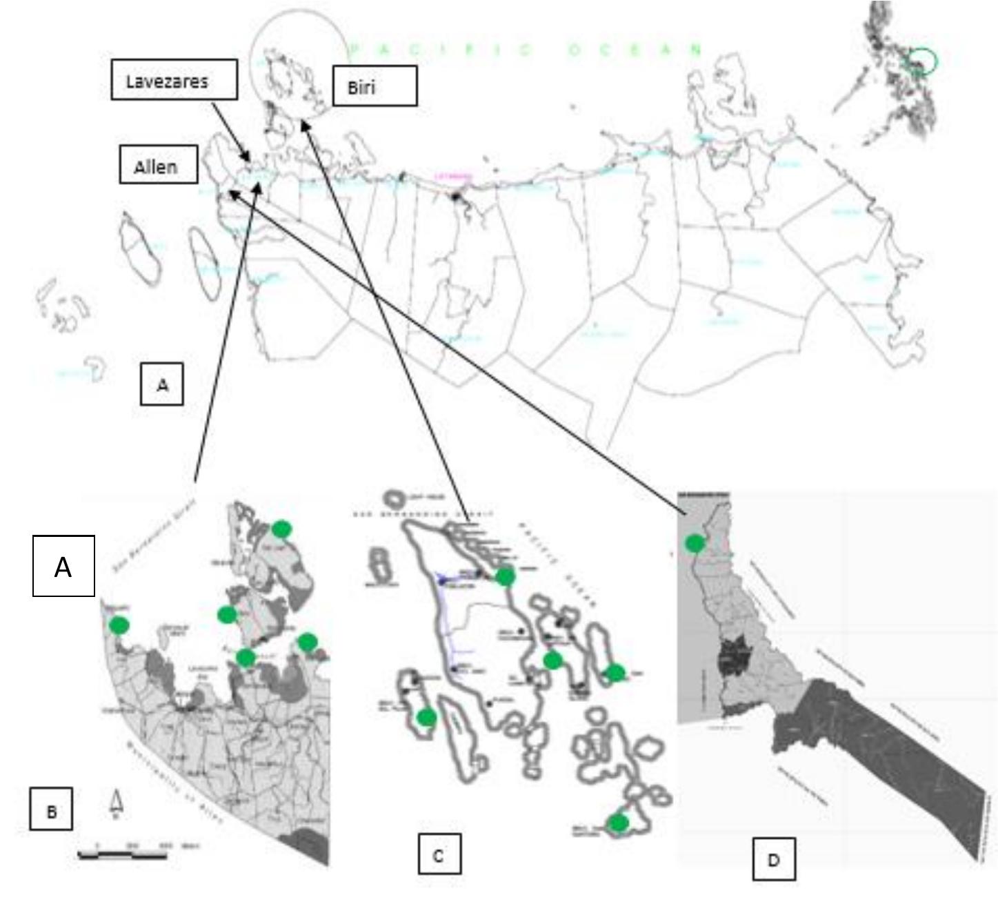 The map of the sampling sites. a). map of northern samar