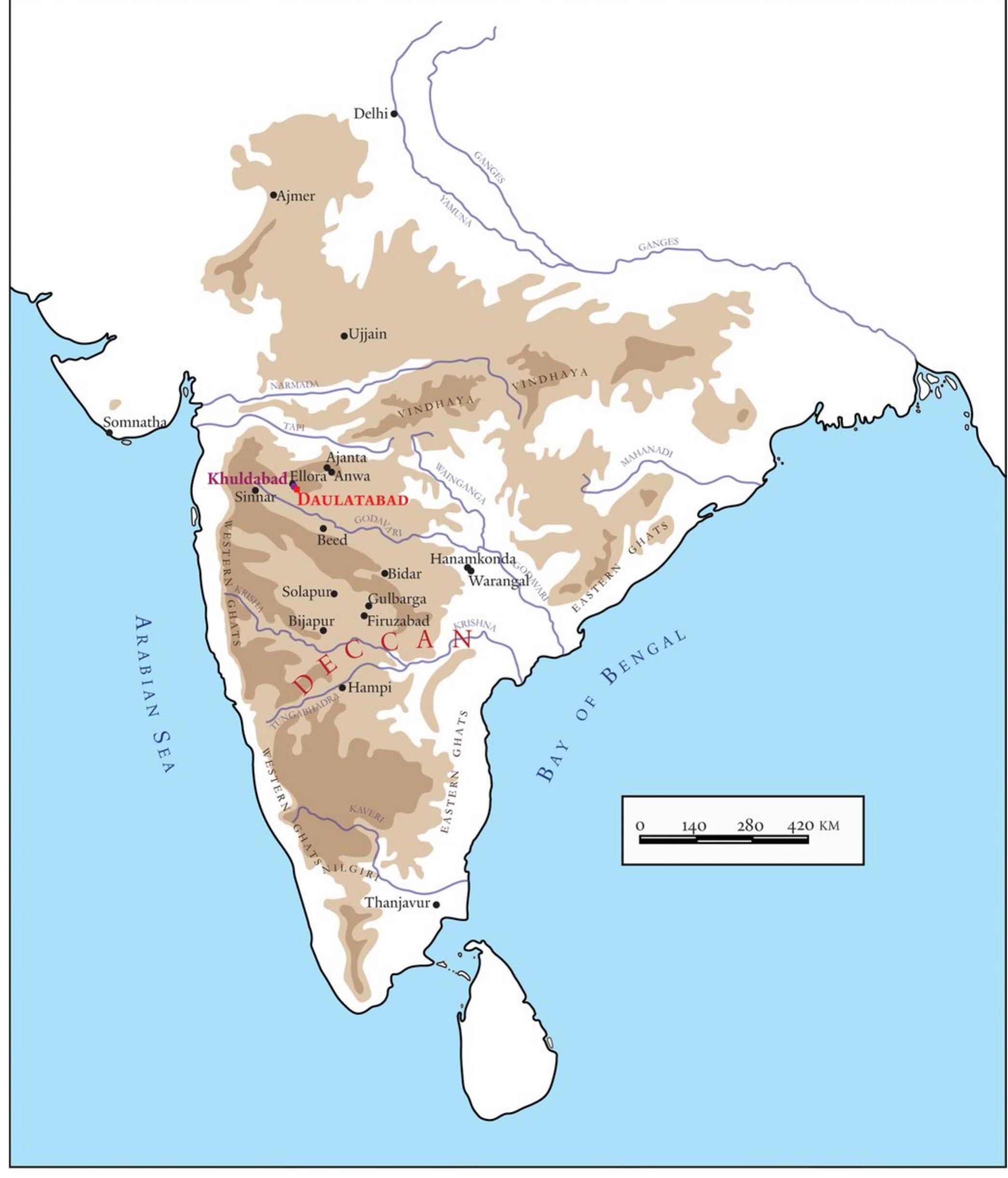 Map of india showing location of daulatabad, khuldabad, and