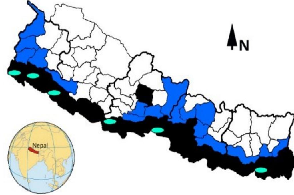 [figure 2: map of nepal showing risk districts and wild