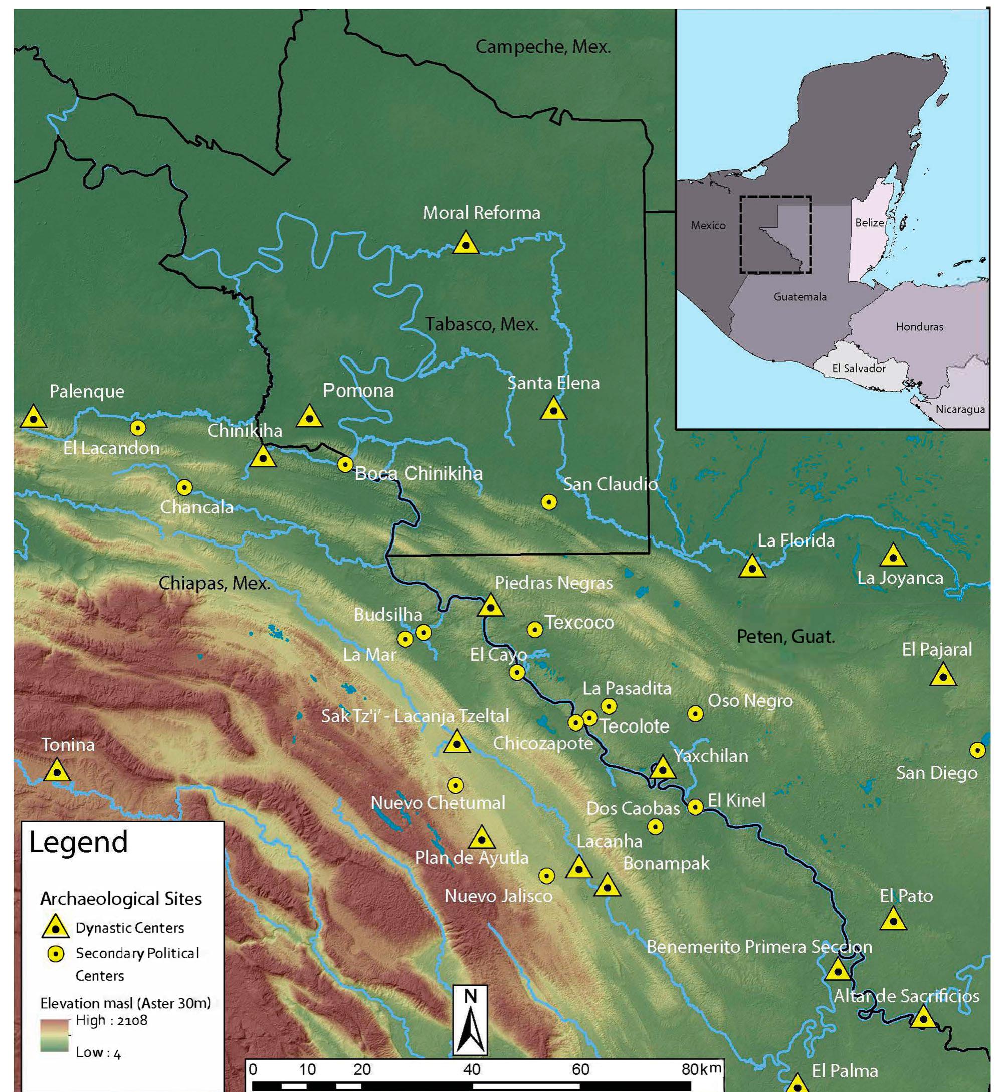Regional map showing archaeological sites and modern borders