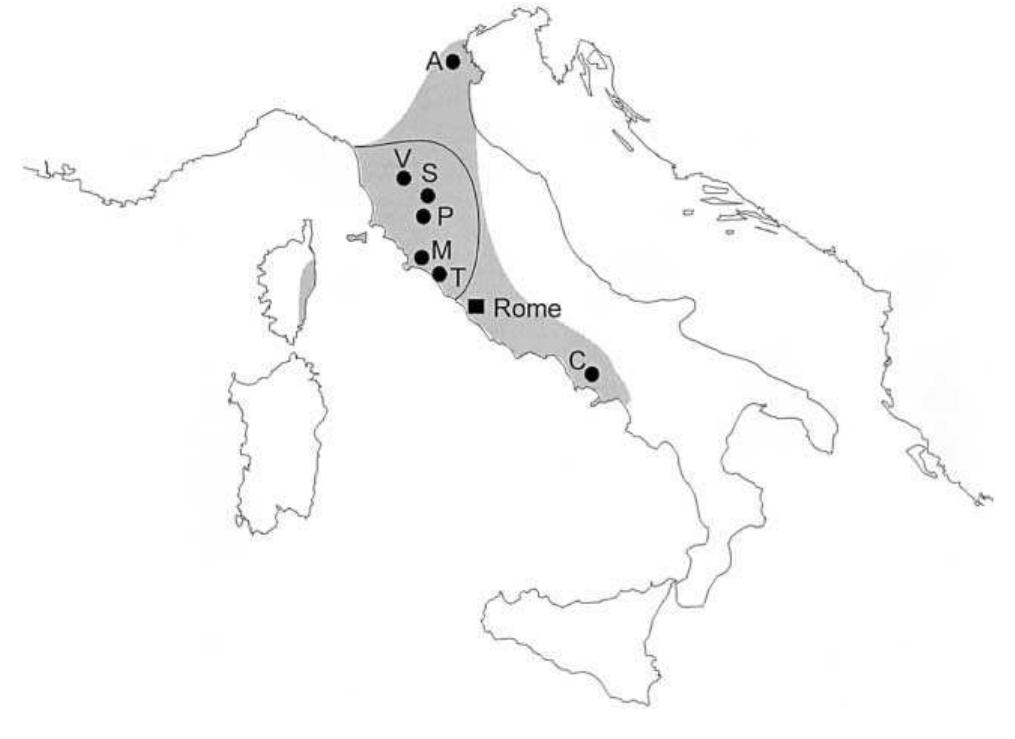 Map of italy showing the area of etruscan influence (gray)