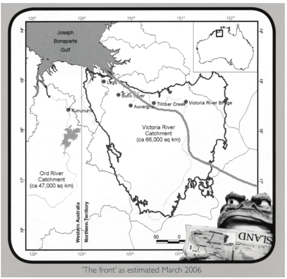 Location map and extent of cane toads as of march 2006, with