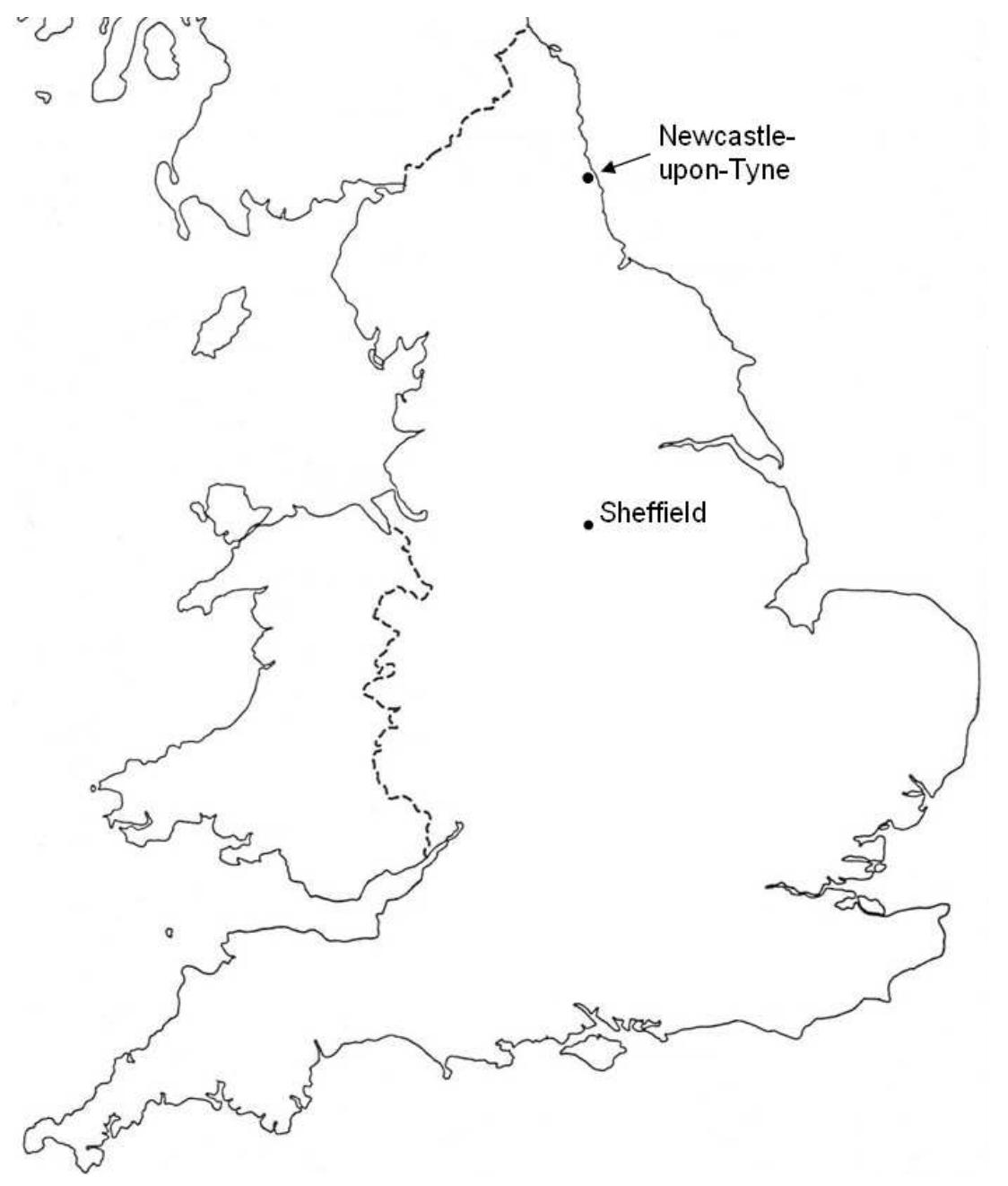 Outline map of england, showing the locations of newcastle