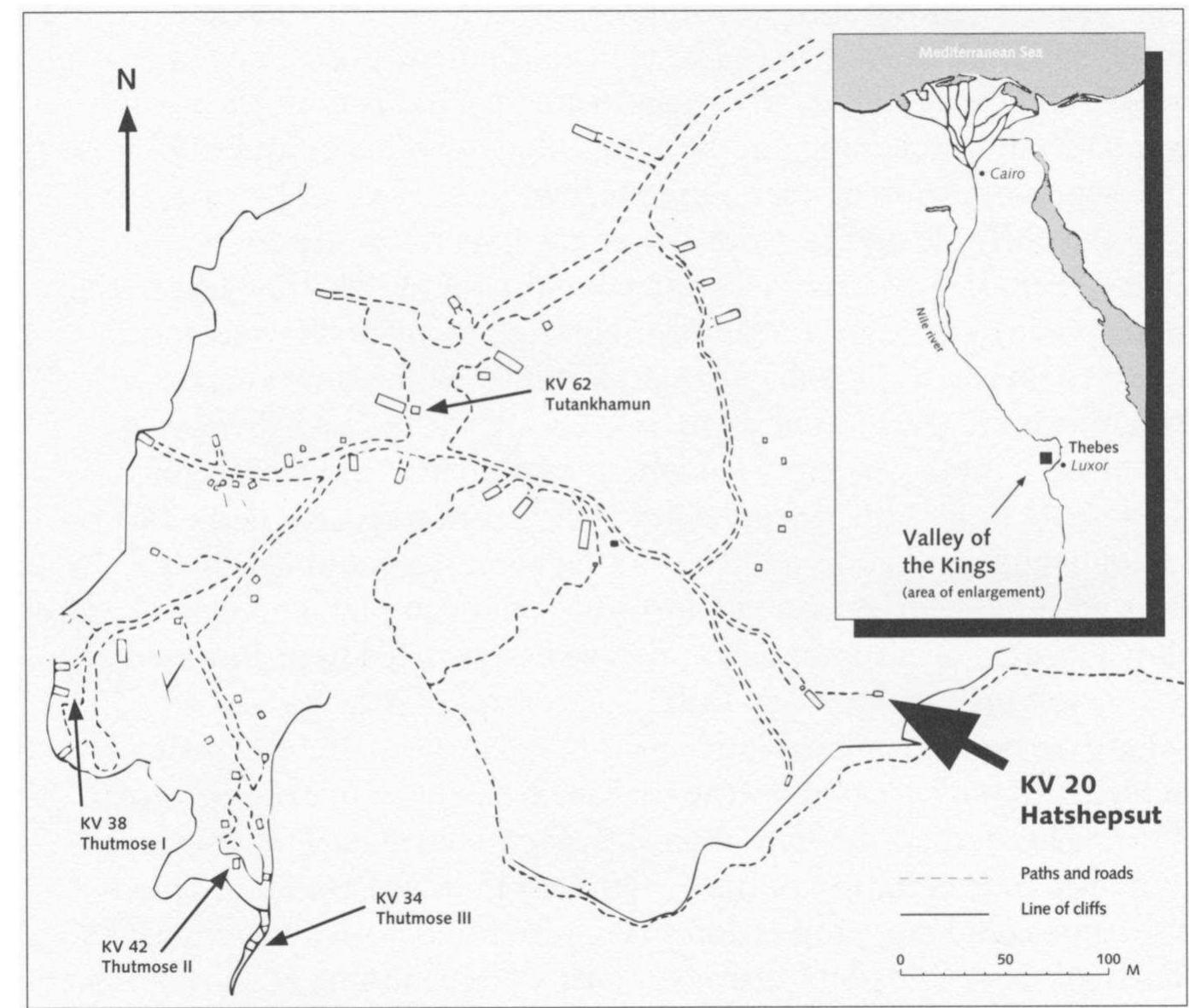 Plan and partial section of tomb kv 20 of queen hatshepsut,