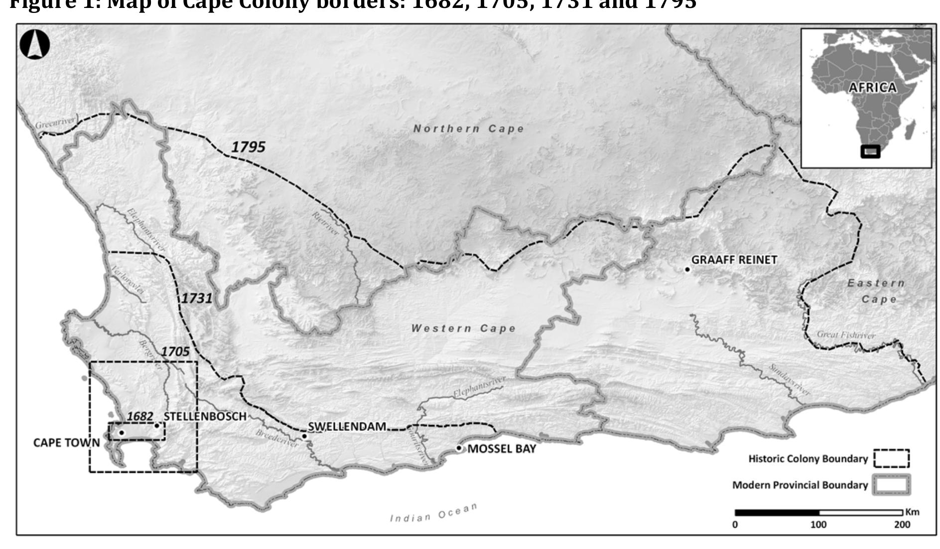 Map of cape colony borders: 1682, 1705, 1731 and 1795