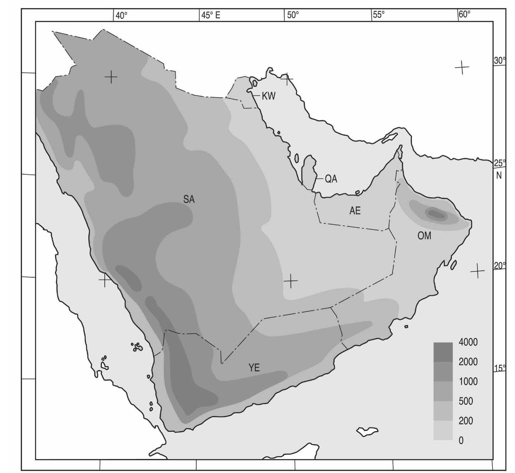 Simplified relief map of the arabian peninsula. altitudes