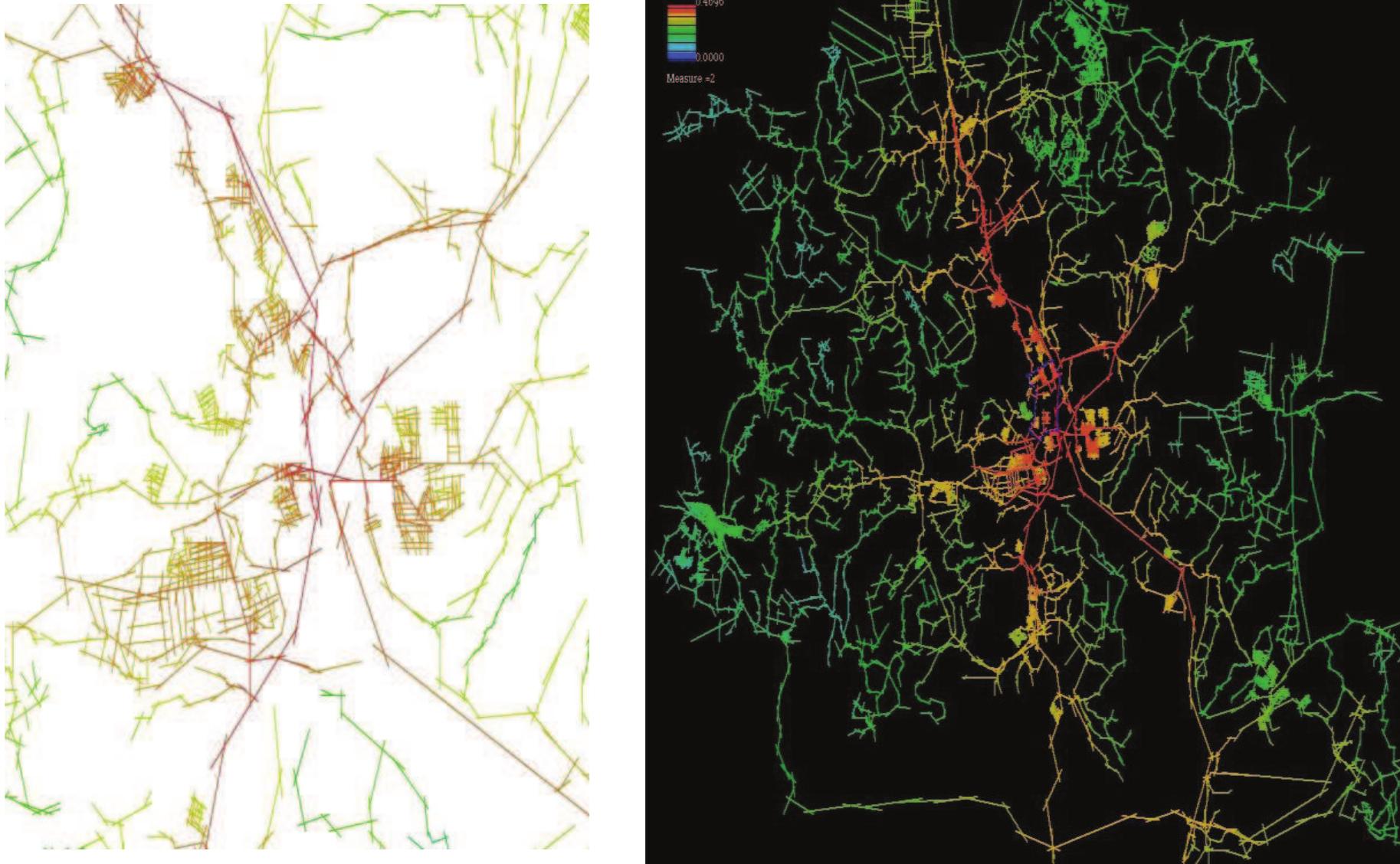 Axial map (space syntax map) existing area (left) after