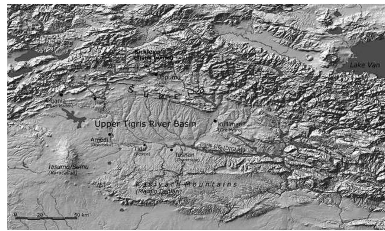 Detail map of upper tigris river basin and the area of the