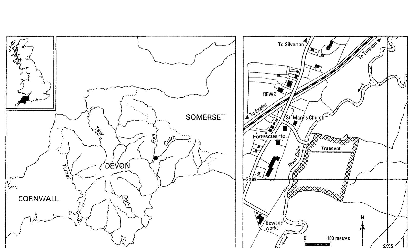 Location map of the flood plain of the lower river culm,