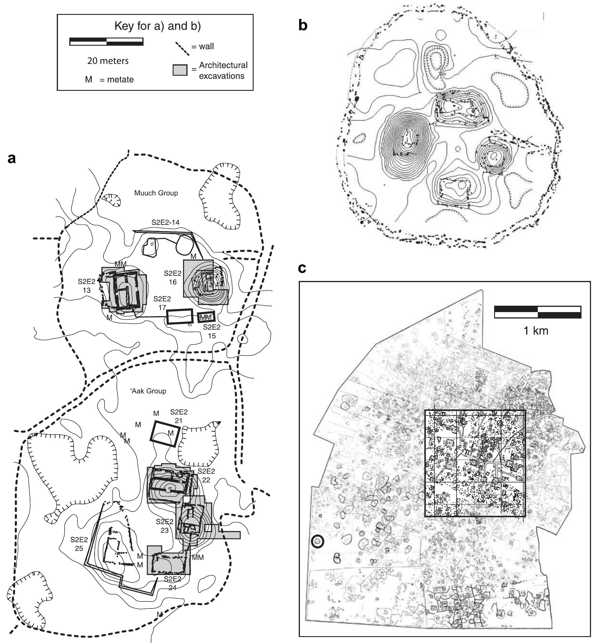 Maps of ’aak, muuch, and balam houselots. (a) map of the