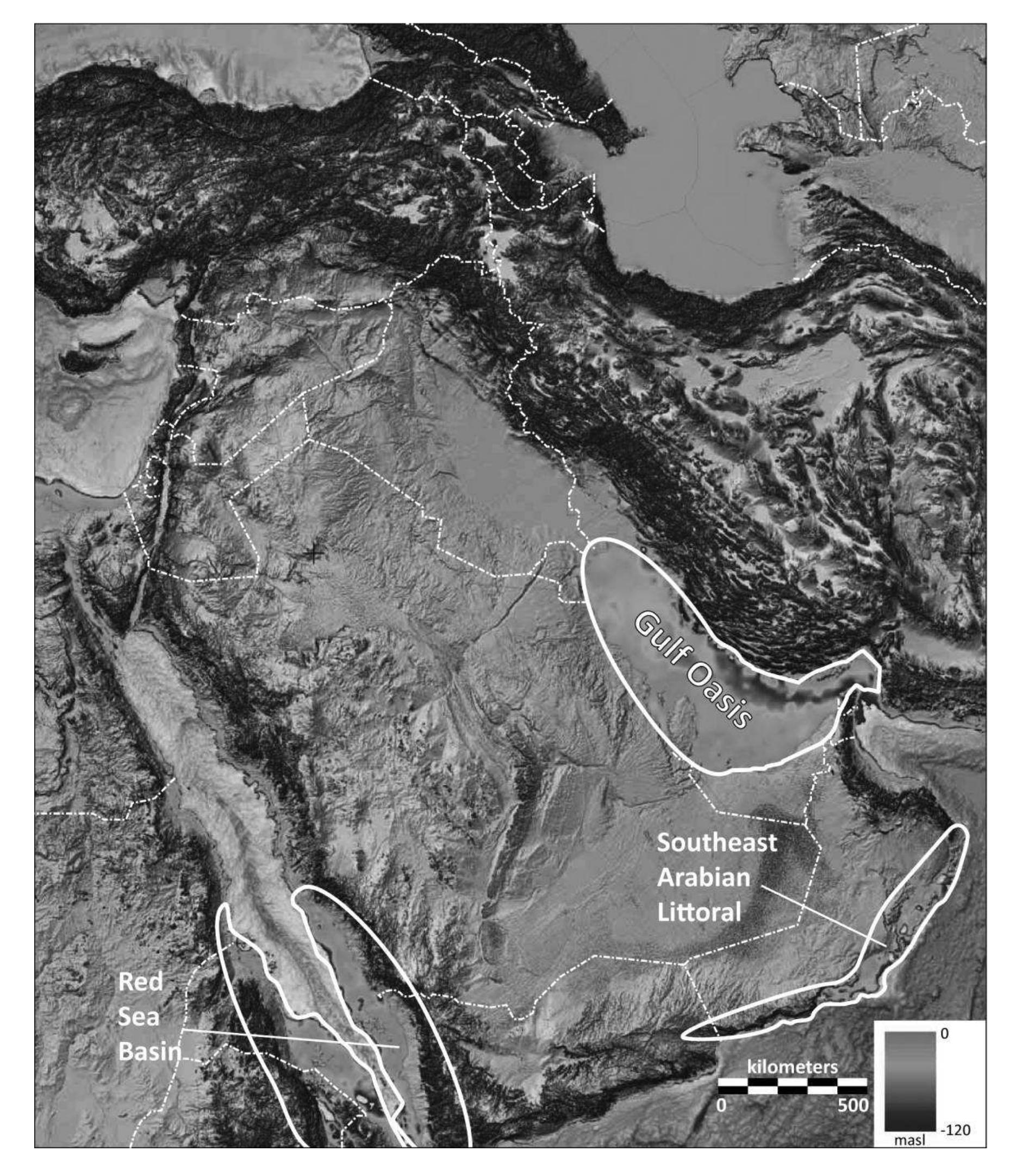 Physical map of the arabian peninsula depicting littoral