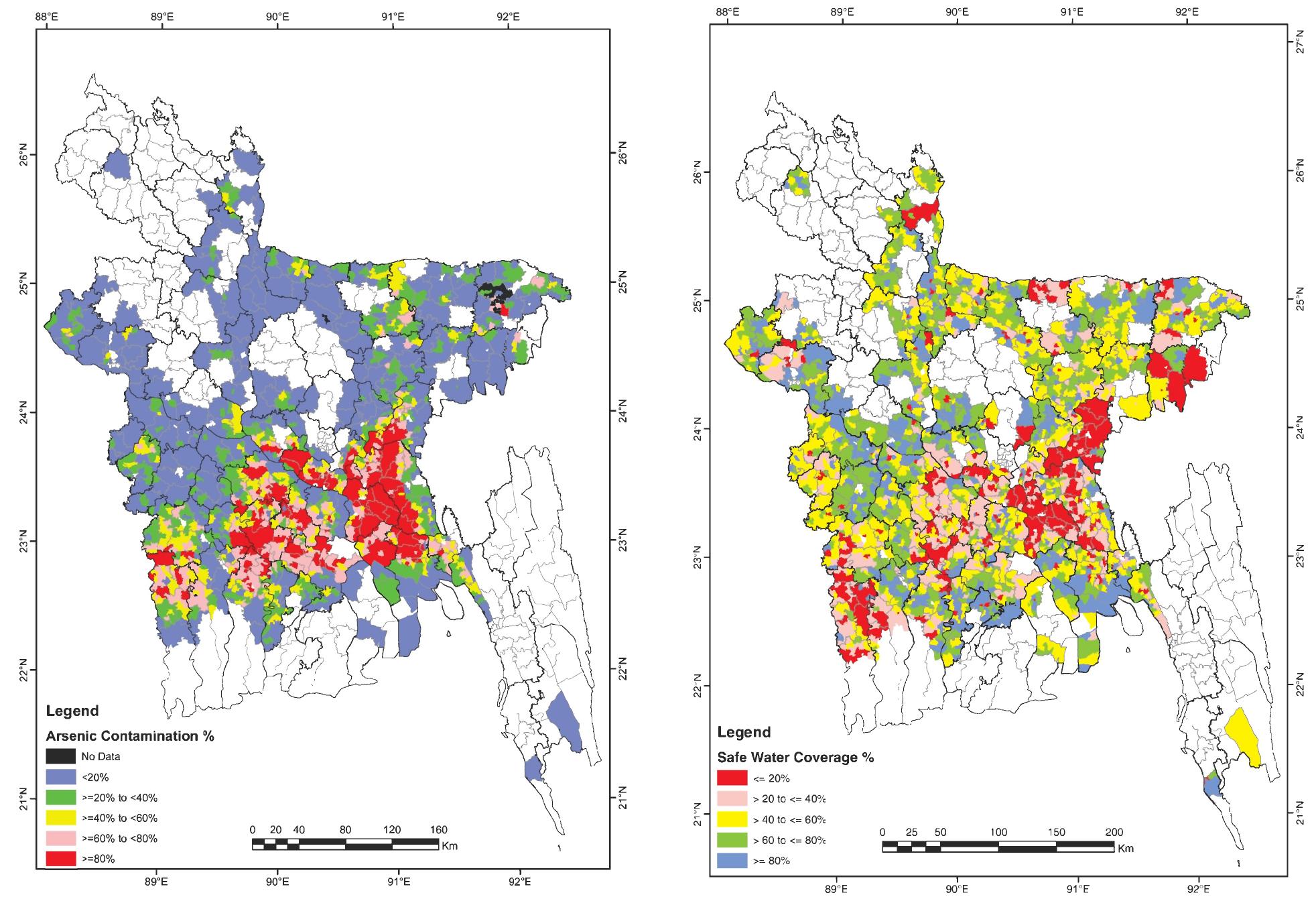 -8: arsenic contamination map (left) and safe water coverage