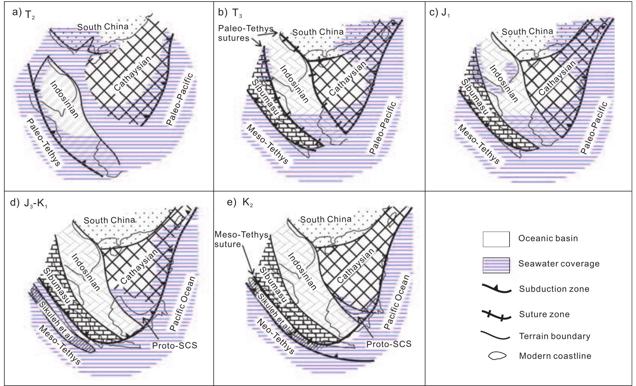 Schematic diagrams showing the mesozoic