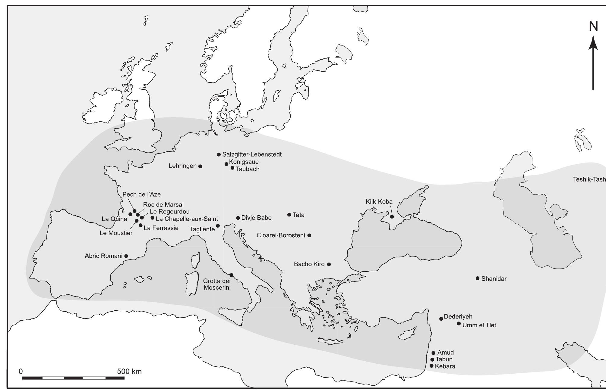 Map of neanderthal region (shaded) with sites included in