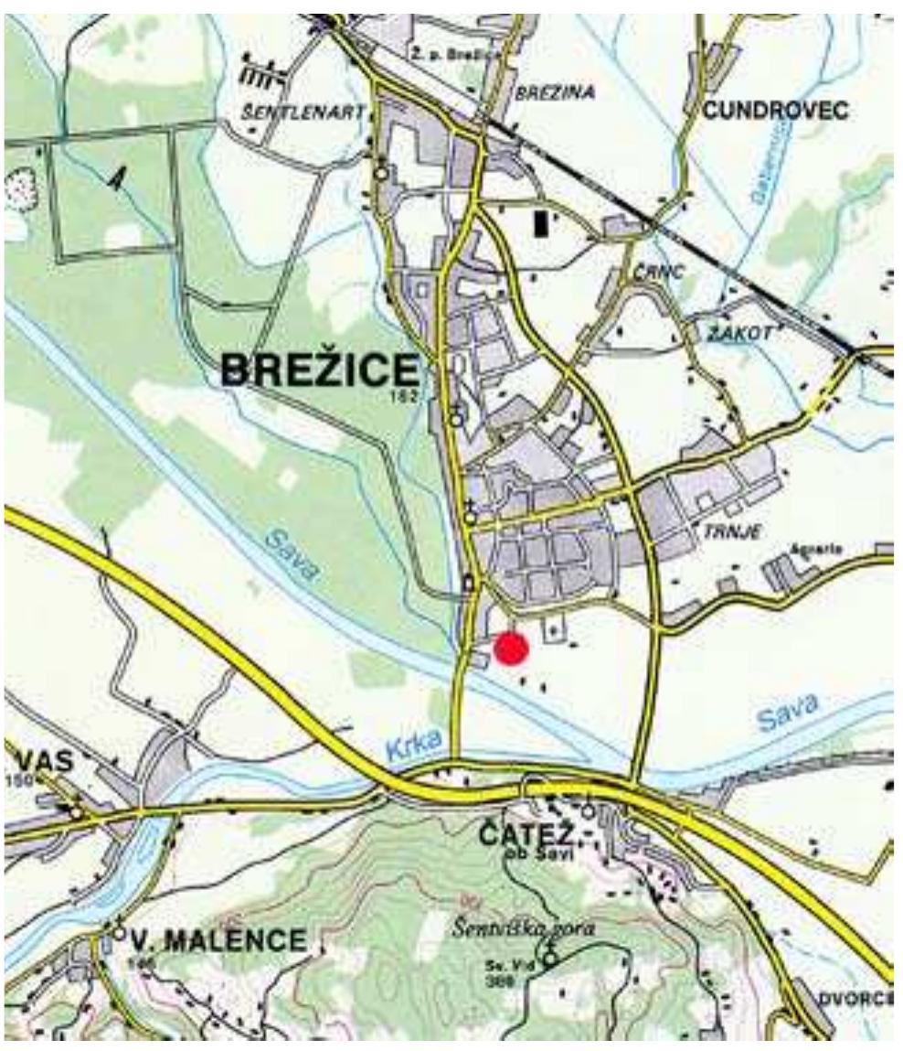Map of brezice with the location of the celtic cemetery. a