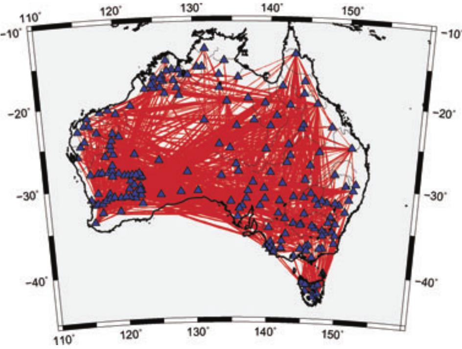 Map of connecting ray paths between couples of stations for