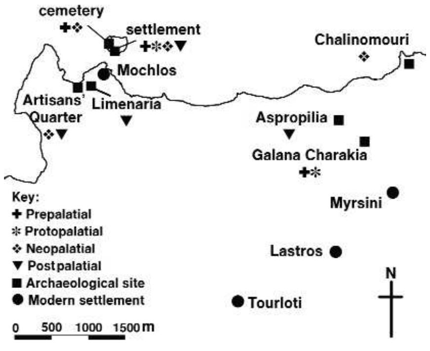 3: map of the area of mochlos with main archaeological