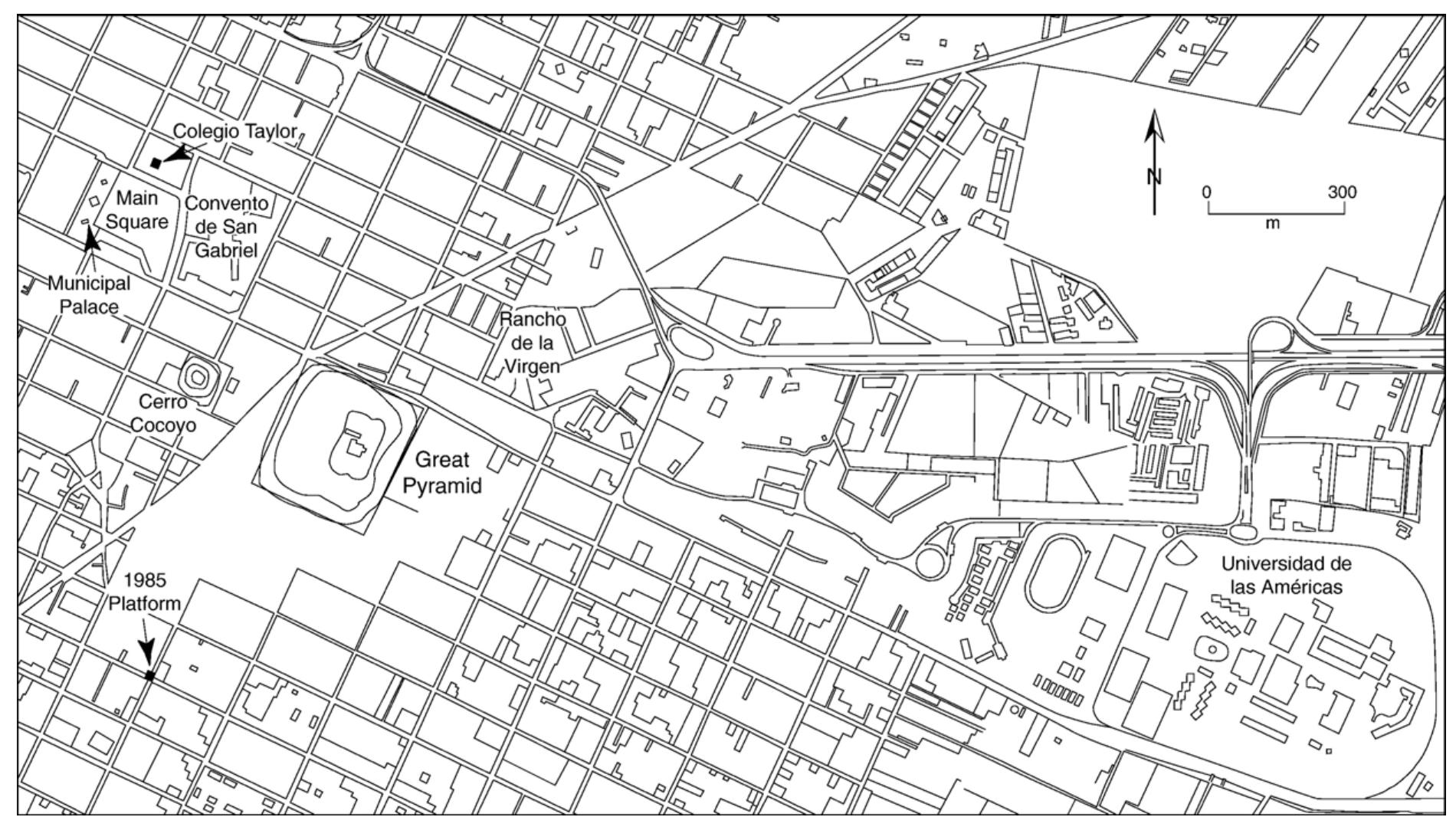 Map of cholula showing the location of the great pyramid and