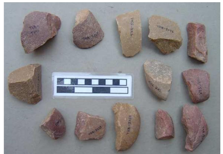 Examples of core fragments and debitage from toka. many are